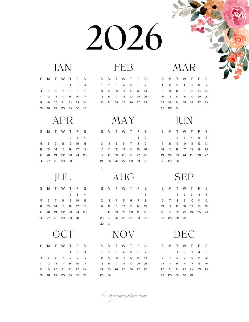 Full Year Printable 2026 Calendars | EntheosWeb