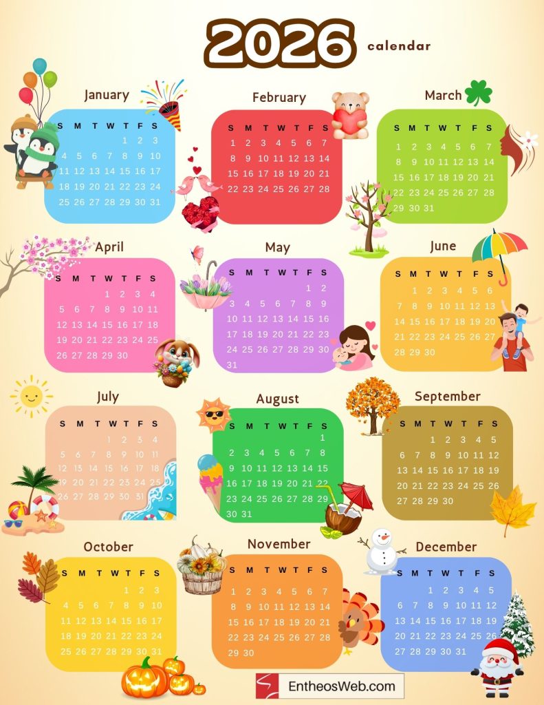 2026 Full Year Printable One Page Calendars | EntheosWeb
