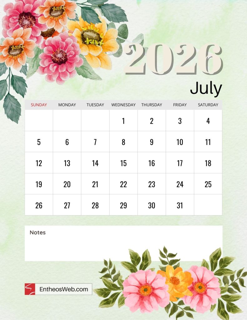2026 Floral Month Printable Calendar | EntheosWeb