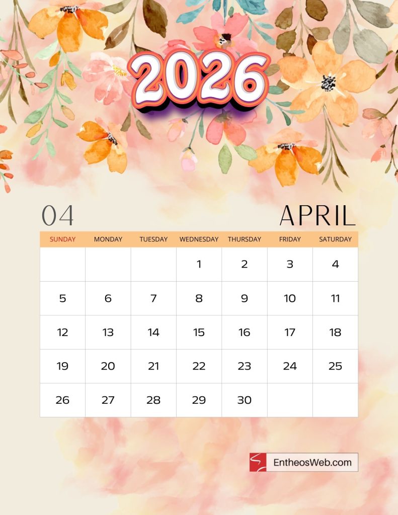Printable 2026 Calendar – Beautiful Watercolor Floral Design | EntheosWeb