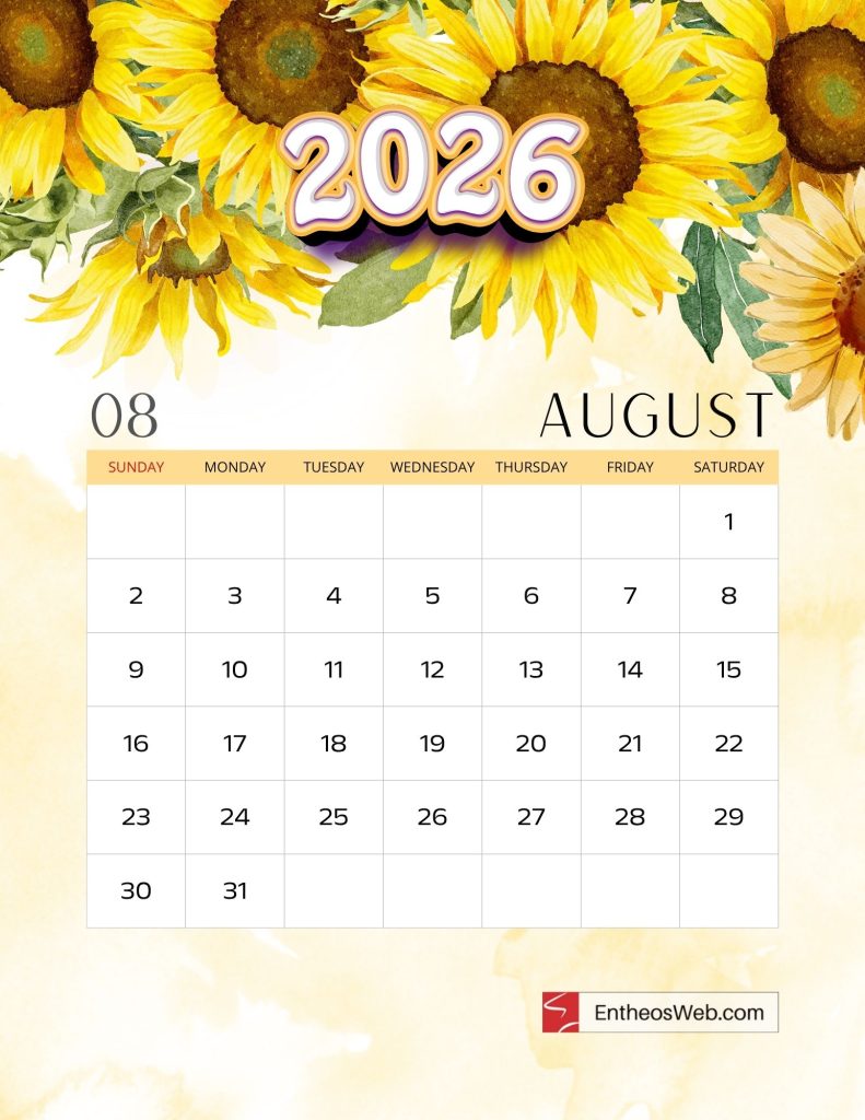 Printable 2026 Calendar – Beautiful Watercolor Floral Design | EntheosWeb