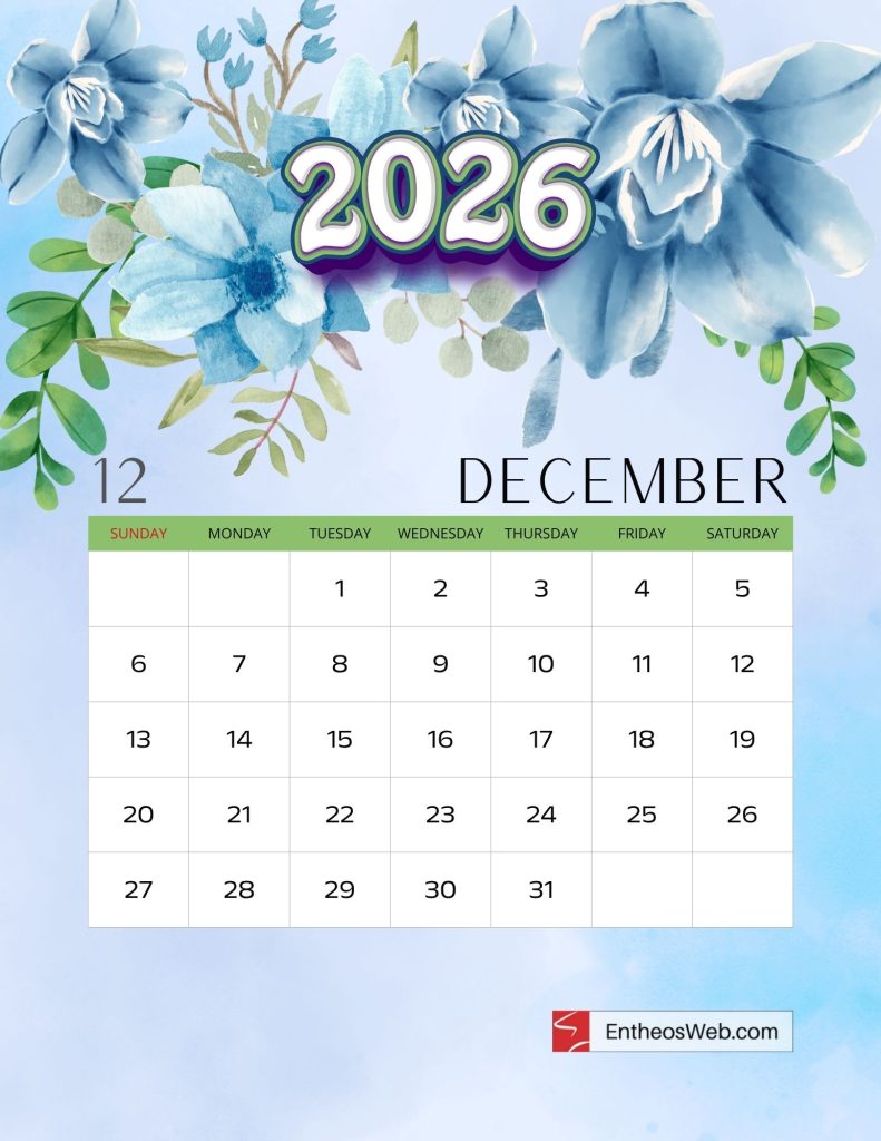Printable 2026 Calendar – Beautiful Watercolor Floral Design | EntheosWeb