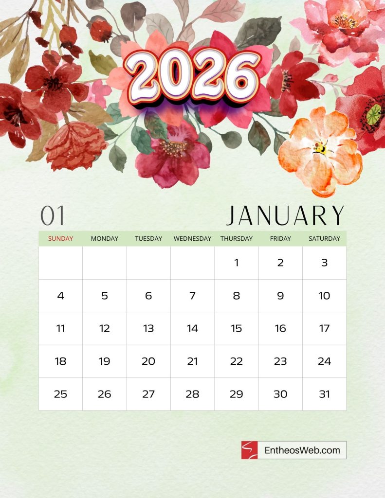 Printable 2026 Calendar – Beautiful Watercolor Floral Design | EntheosWeb