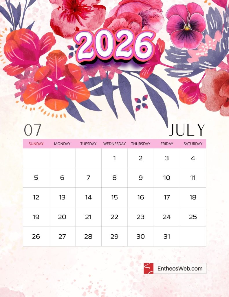 Printable 2026 Calendar – Beautiful Watercolor Floral Design | EntheosWeb