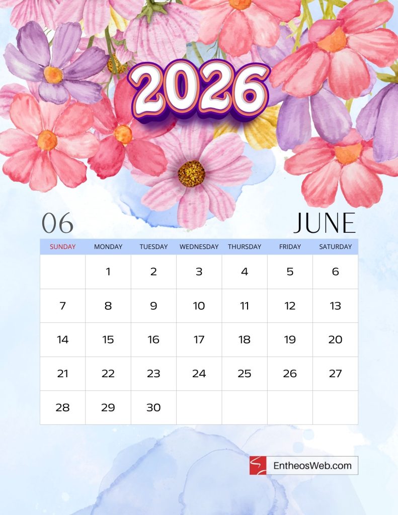 Printable 2026 Calendar – Beautiful Watercolor Floral Design | EntheosWeb