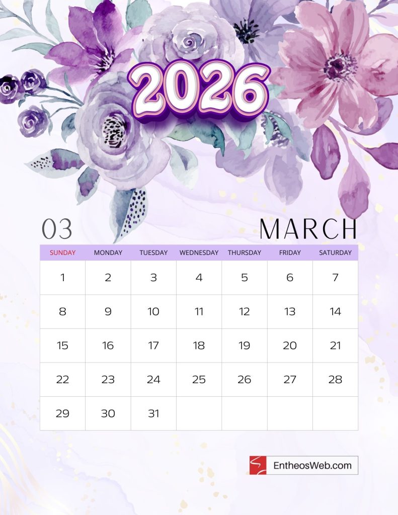 Printable 2026 Calendar – Beautiful Watercolor Floral Design | EntheosWeb
