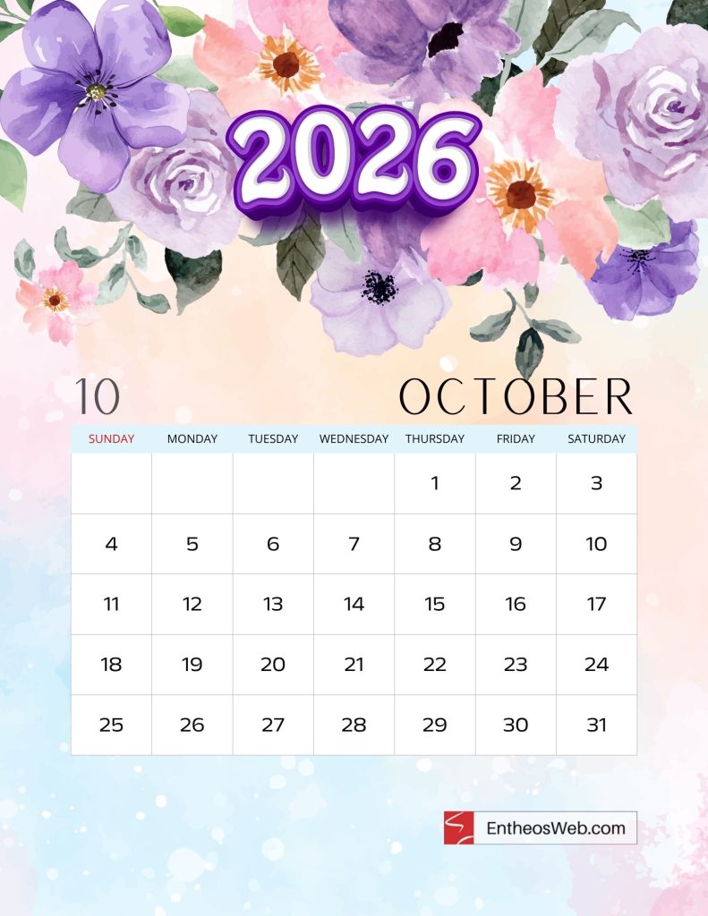 Printable 2026 Calendar – Beautiful Watercolor Floral Design | EntheosWeb
