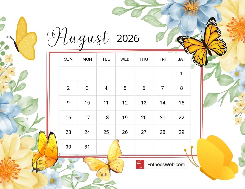 Free Printable August 2026 Calendars | EntheosWeb