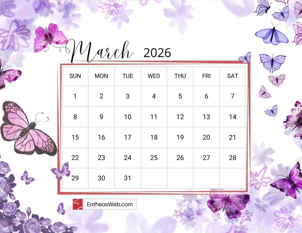 Butterfly Themed 2026 Printable Calendar | EntheosWeb