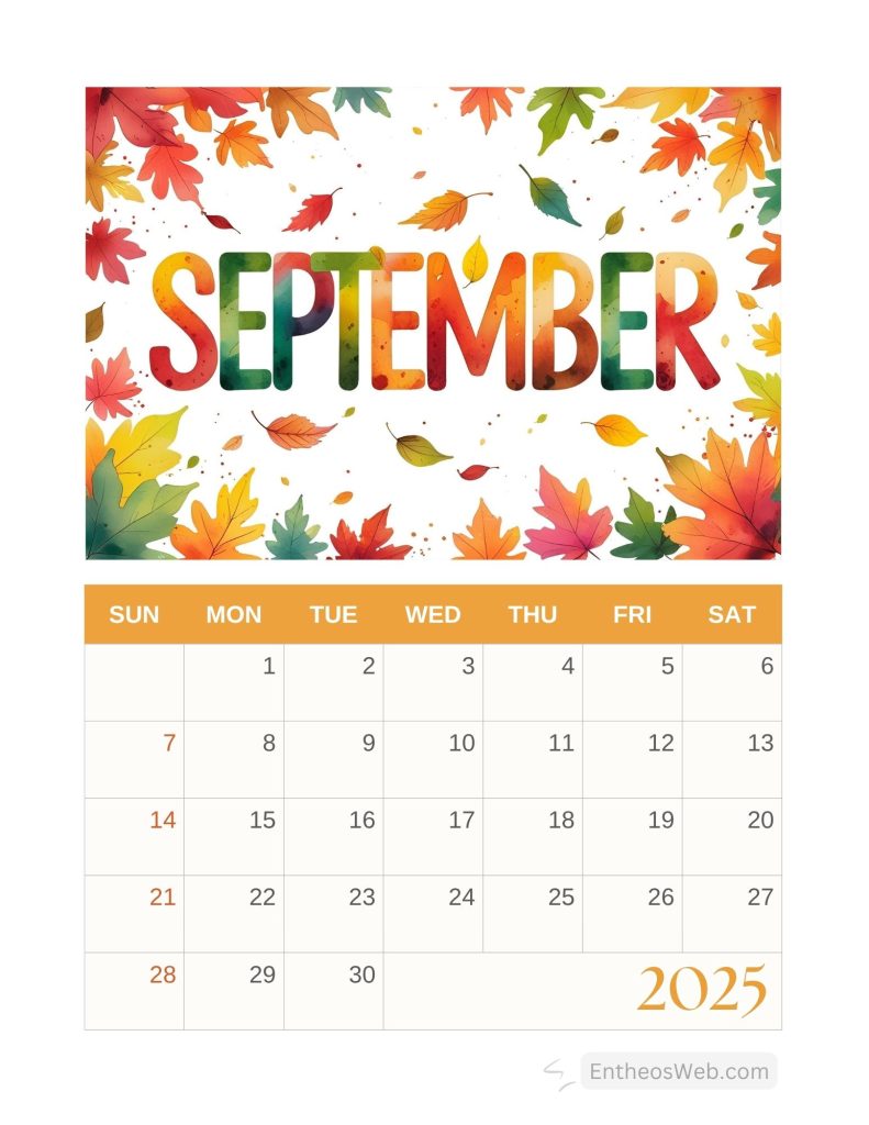 Free Printable September Calendars for 2025 – Vertical Designs | EntheosWeb