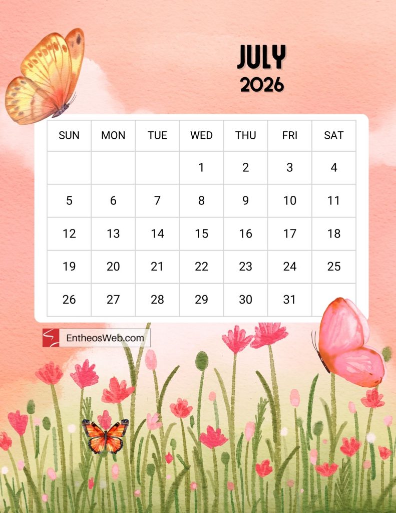 Nature’s Wings Free 2026 Monthly Printable Calendar | EntheosWeb