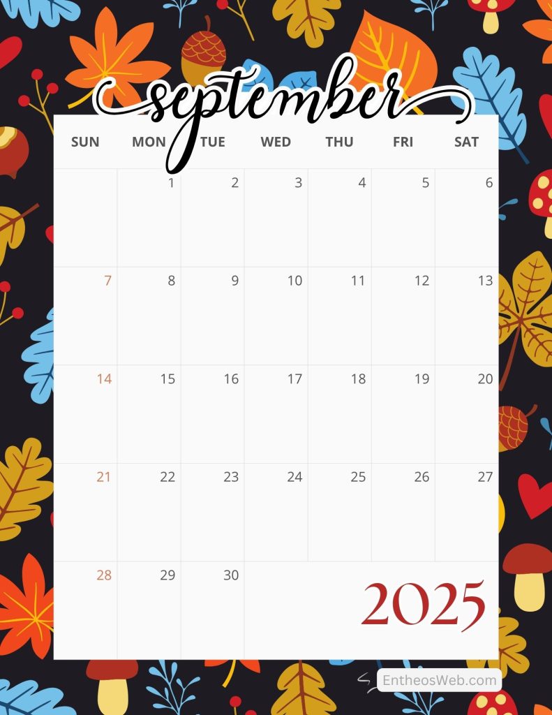 Free Printable September Calendars for 2025 – Vertical Designs | EntheosWeb