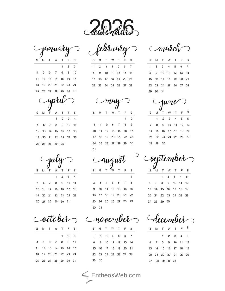 Cute 2026 Calendar Printables | EntheosWeb