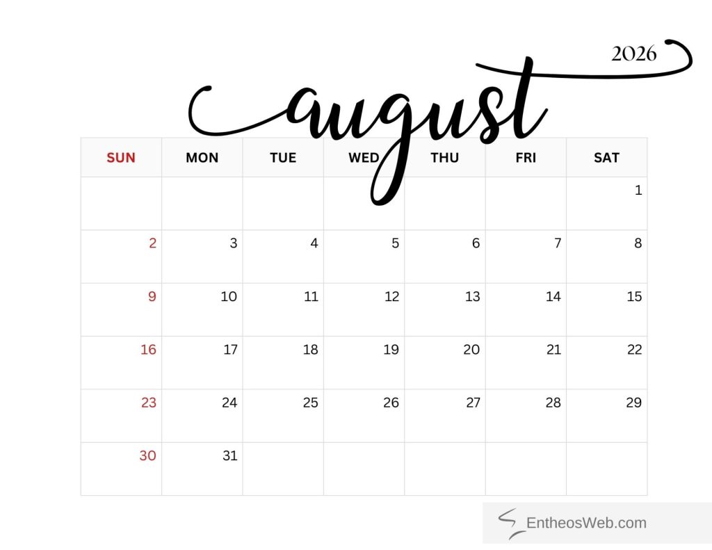 2026 Calendar Monthly Printable – Black and White | EntheosWeb