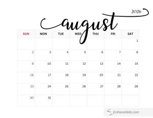 August 2026 Calendar Printables | EntheosWeb