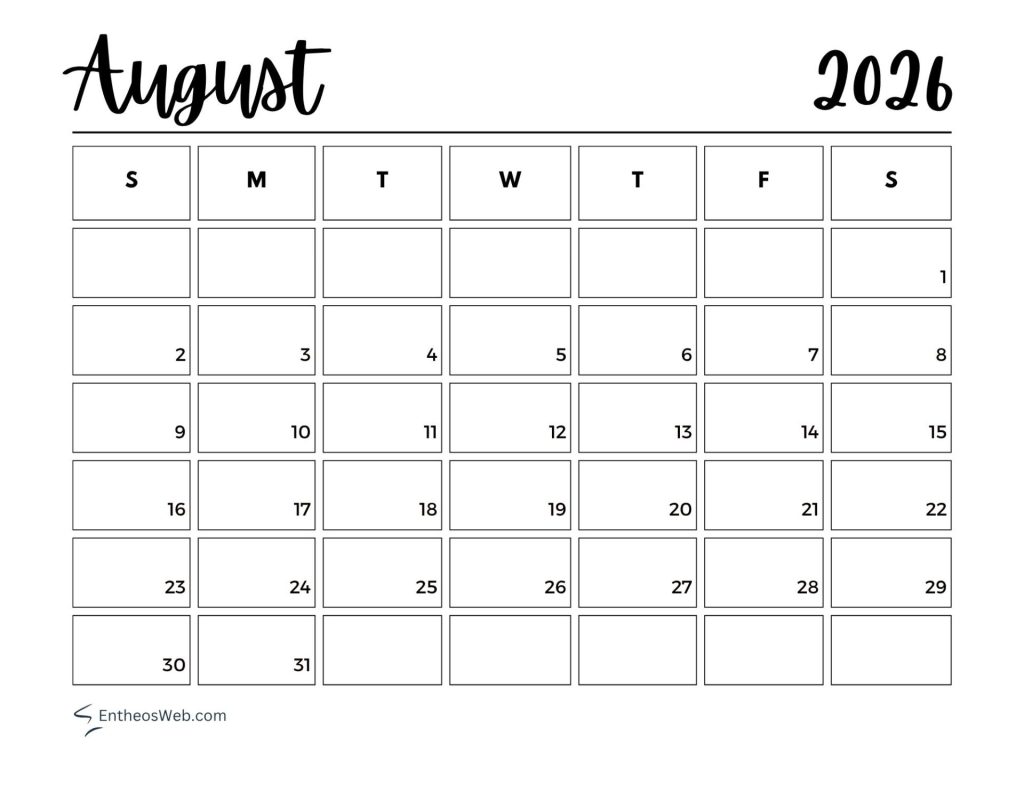 2026 Calendar Monthly Printable – Black and White | EntheosWeb