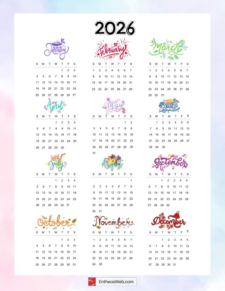 Cute 2026 Calendar Printables | EntheosWeb