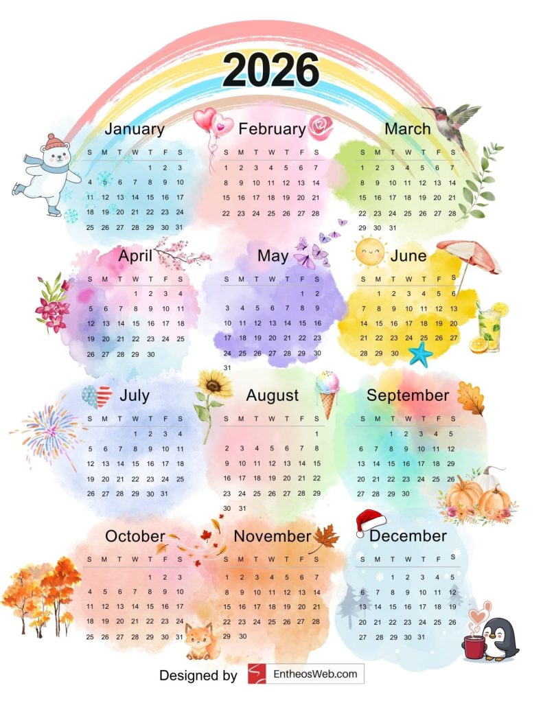 Printable Kids Calendar 2026 – Cute Single Page Full Year PDF Calendars ...