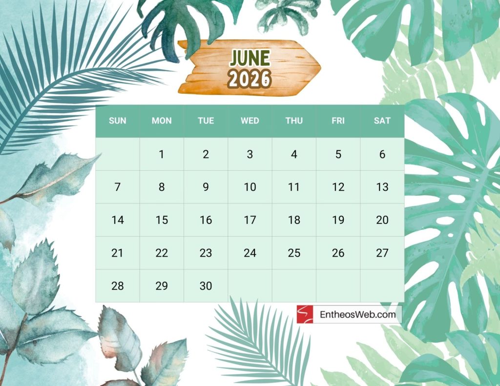 Elegant Leaves Theme 2026 Printable Calendar | EntheosWeb