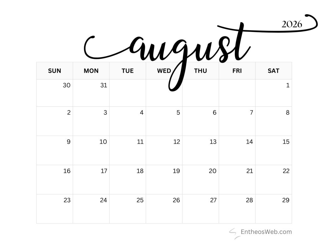 2026 Calendar Monthly Printable – Black and White | EntheosWeb