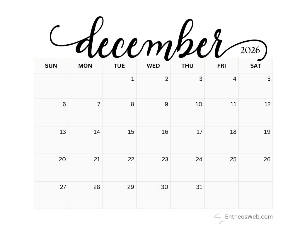 Printable 2026 Monthly Calendar – Black and White | EntheosWeb