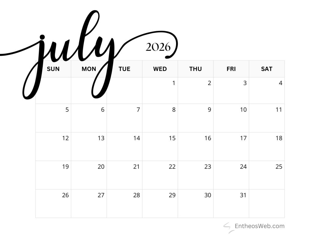 Free Printable July 2026 Calendars | EntheosWeb