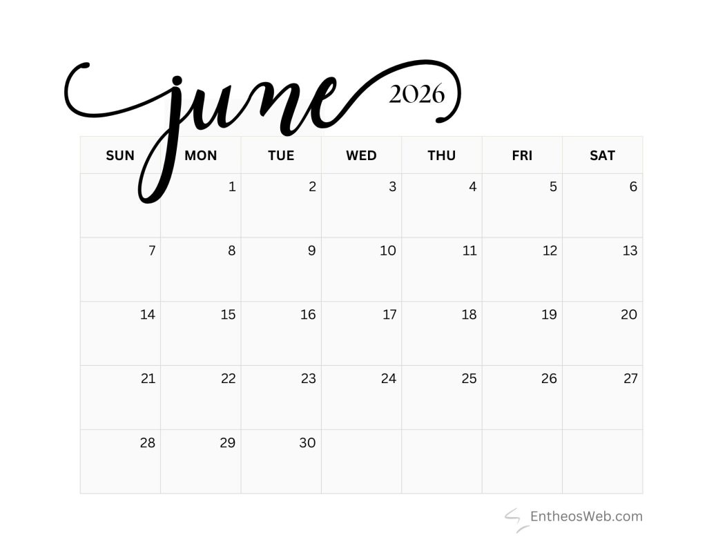 Printable 2026 Monthly Calendar – Black and White | EntheosWeb