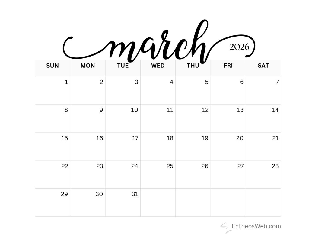 Printable 2026 Monthly Calendar – Black and White | EntheosWeb