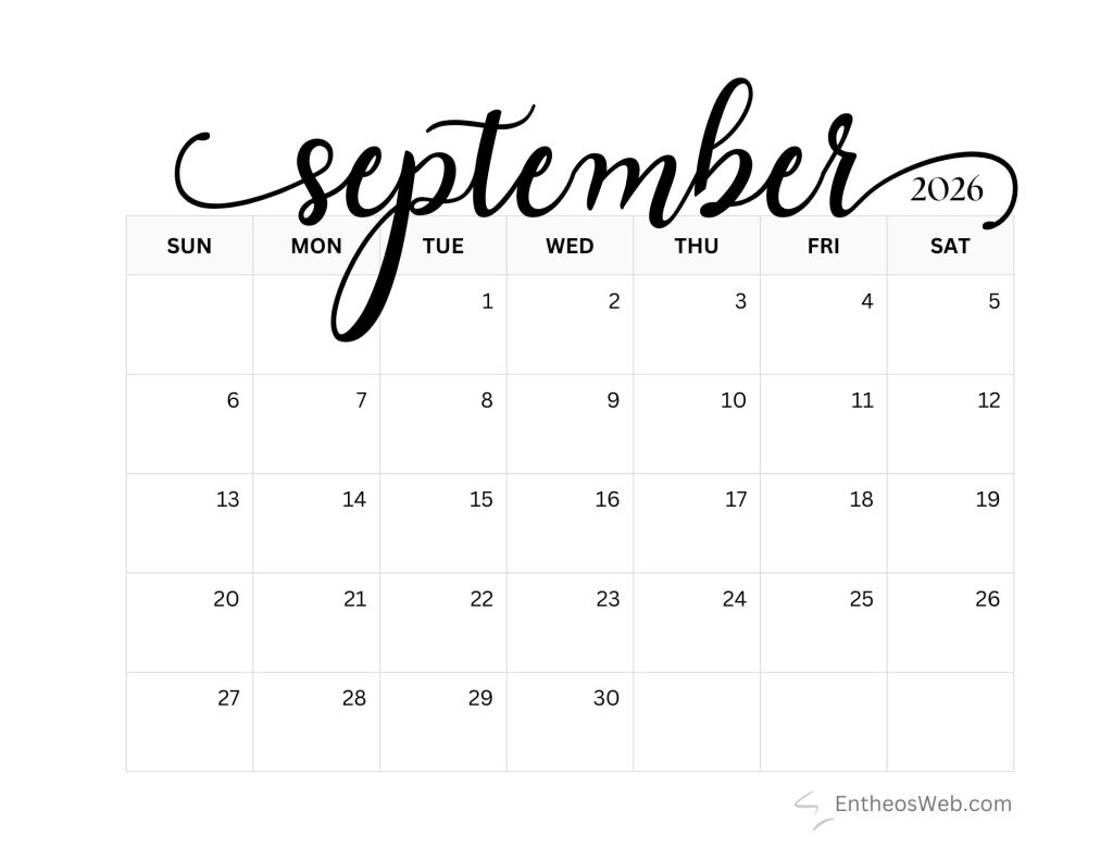2026 Calendar Monthly Printable – Black and White | EntheosWeb