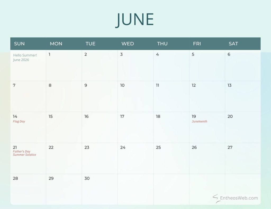 June 2026 Calendar Printables | EntheosWeb