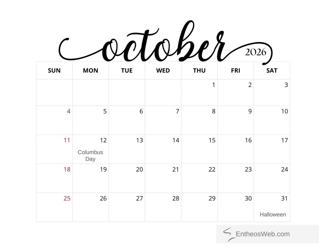 October 2026 Calendar Printables | EntheosWeb