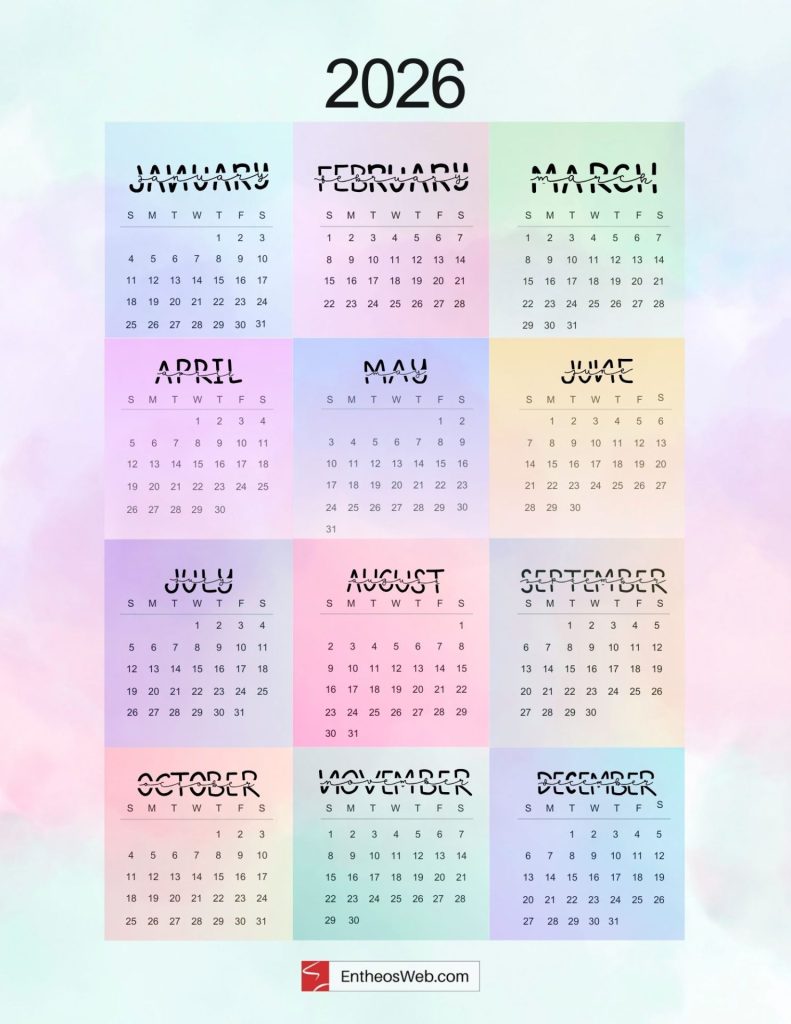Printable Kids Calendar 2026 – Cute Single Page Full Year PDF Calendars ...