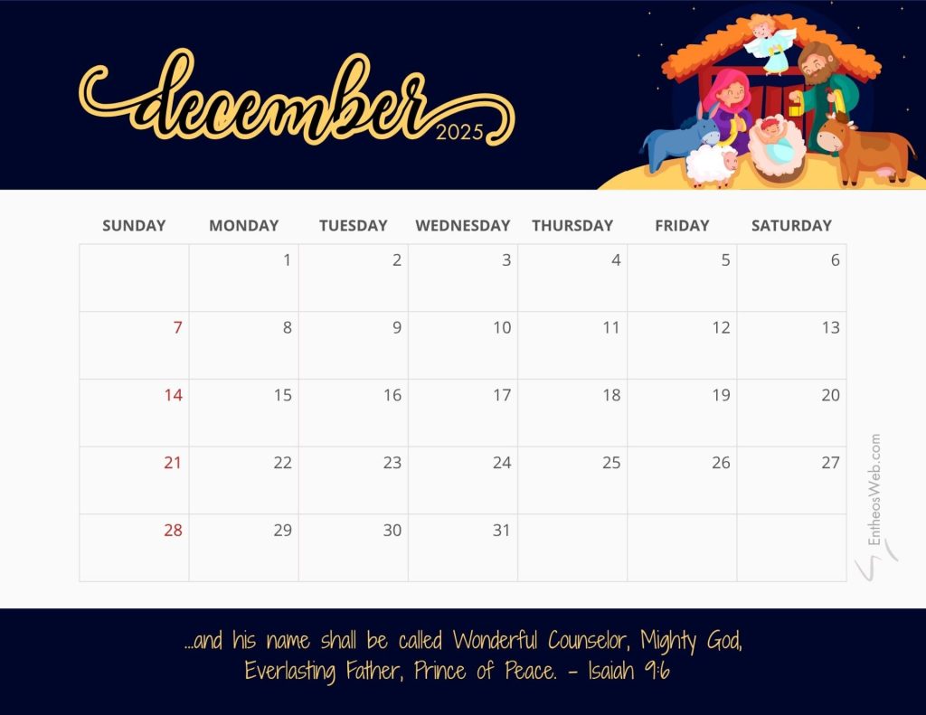 Printable Christian December 2025 Calendars with Bible Verses | EntheosWeb