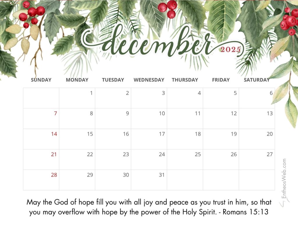 Printable Christian December 2025 Calendars with Bible Verses | EntheosWeb