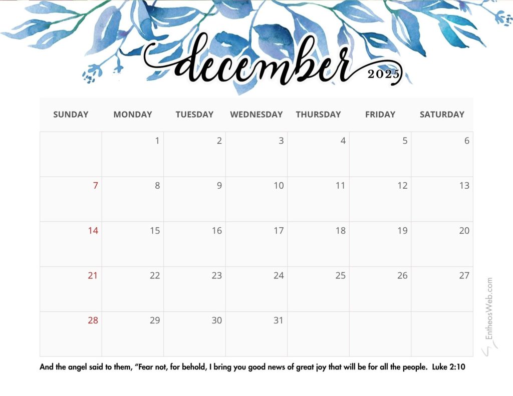 Printable Christian December 2025 Calendars with Bible Verses | EntheosWeb