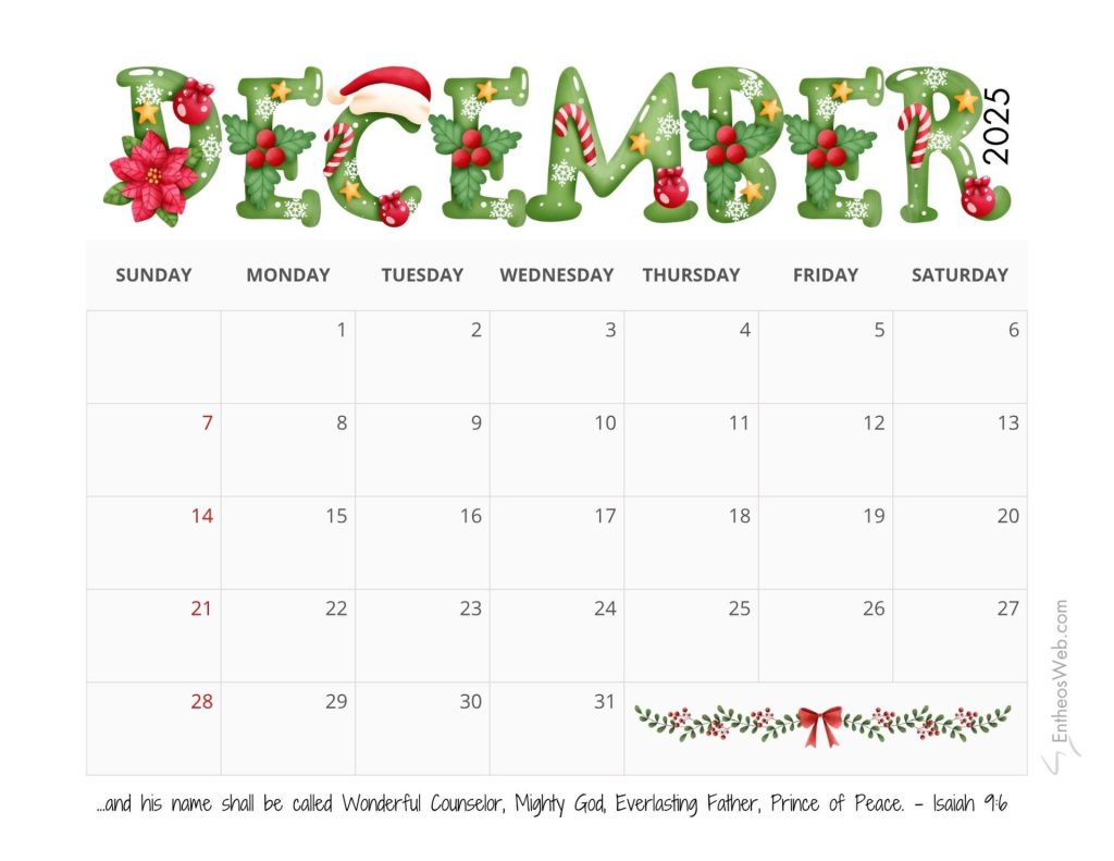 Printable Christian December 2025 Calendars with Bible Verses | EntheosWeb
