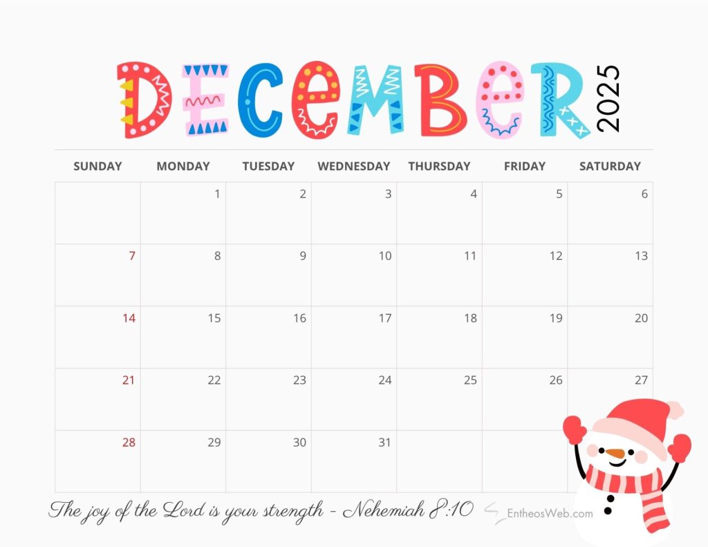 Printable Christian December 2025 Calendars with Bible Verses | EntheosWeb