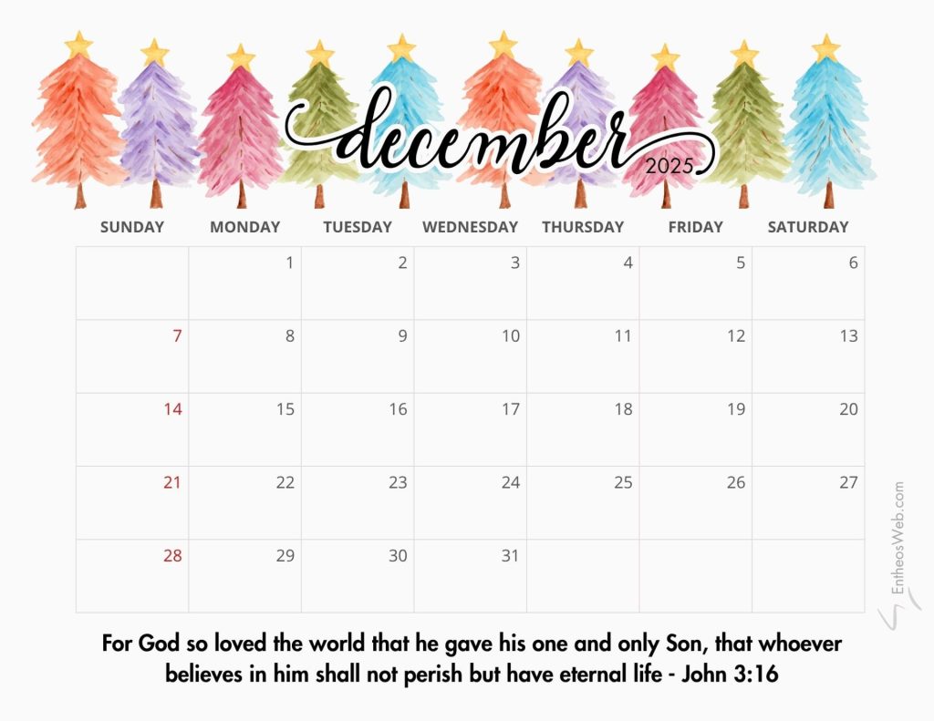 Printable Christian December 2025 Calendars with Bible Verses | EntheosWeb