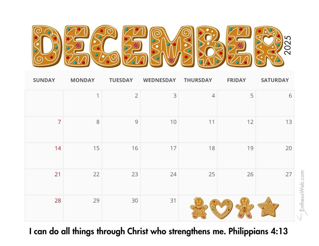Printable Christian December 2025 Calendars with Bible Verses | EntheosWeb