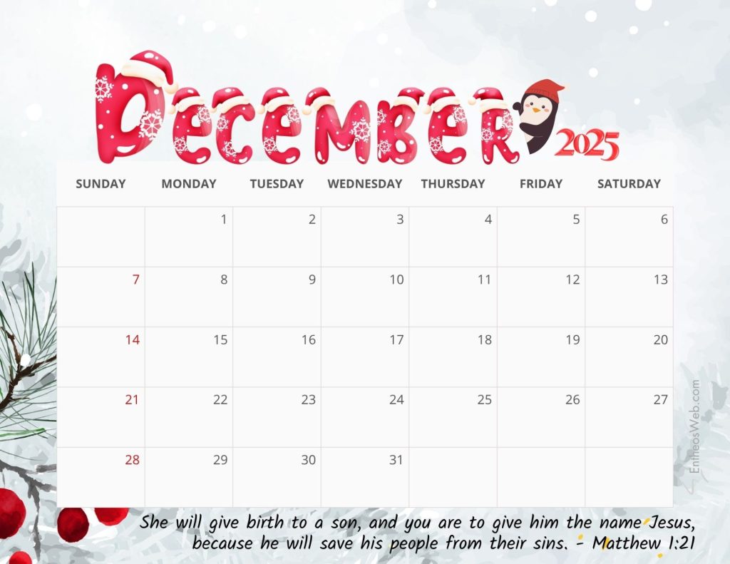 Printable Christian December 2025 Calendars with Bible Verses | EntheosWeb