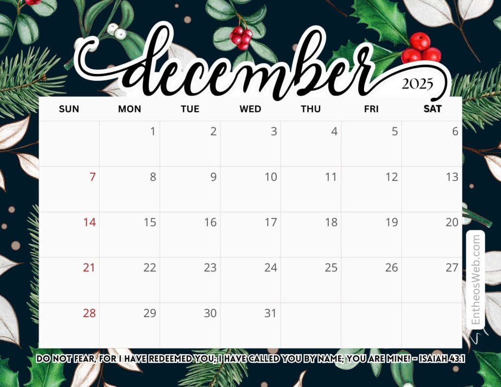 Printable Christian December 2025 Calendars with Bible Verses | EntheosWeb