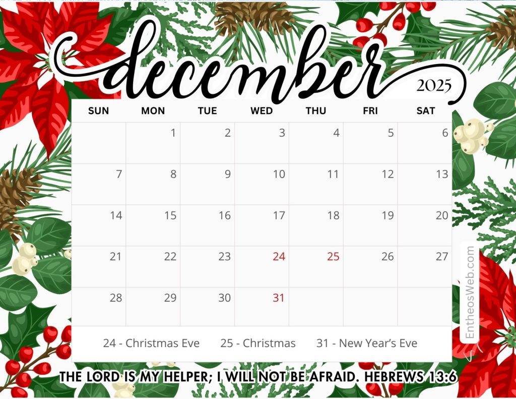 Printable Christian December 2025 Calendars with Bible Verses | EntheosWeb