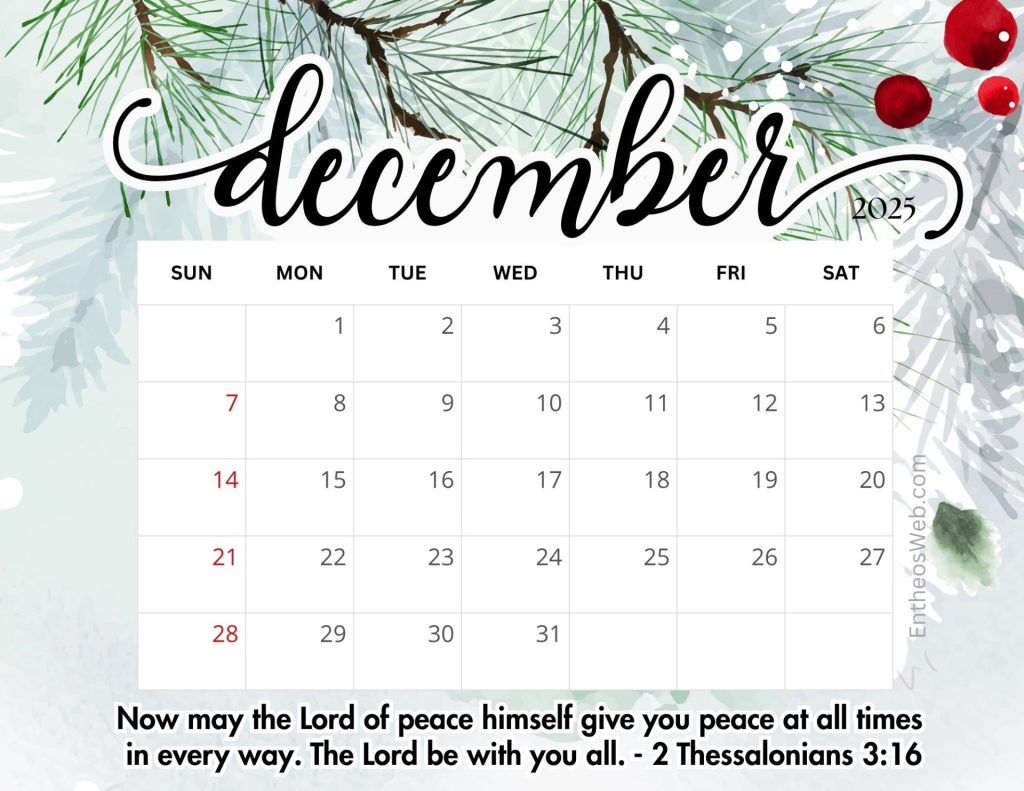 Printable Christian December 2025 Calendars with Bible Verses | EntheosWeb