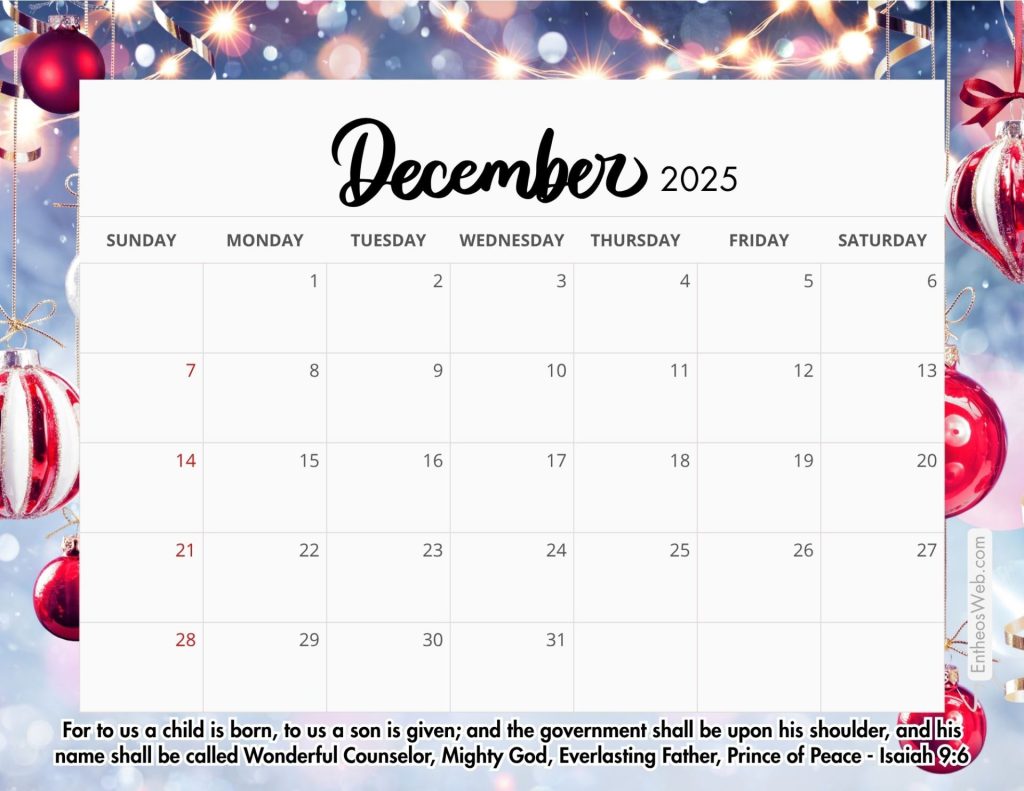 Printable Christian December 2025 Calendars with Bible Verses | EntheosWeb