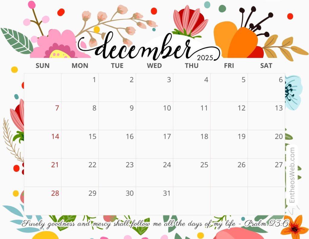 Printable Christian December 2025 Calendars with Bible Verses | EntheosWeb