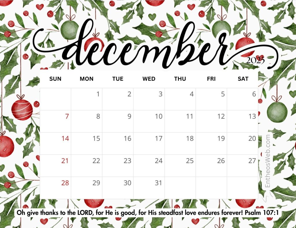 Printable Christian December 2025 Calendars with Bible Verses | EntheosWeb