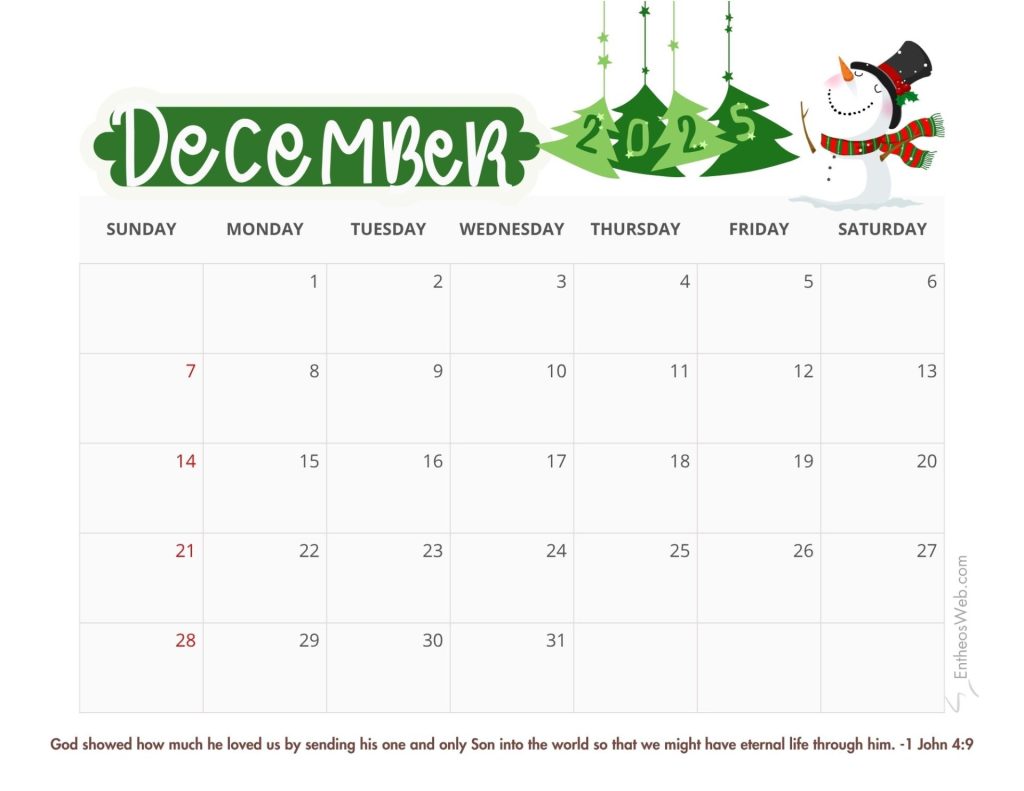 Printable Christian December 2025 Calendars with Bible Verses | EntheosWeb