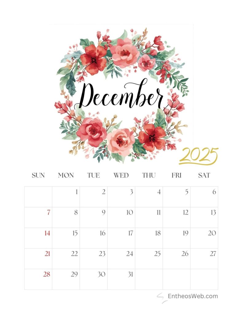 Free Printable December 2025 Calendar – Vertical Designs | EntheosWeb
