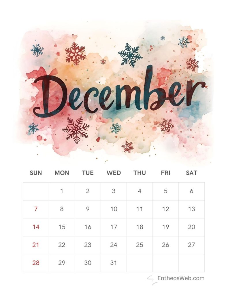 Free Printable December 2025 Calendar – Vertical Designs | EntheosWeb