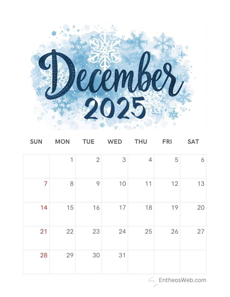 Winter December 2025 Printable Calendars | EntheosWeb